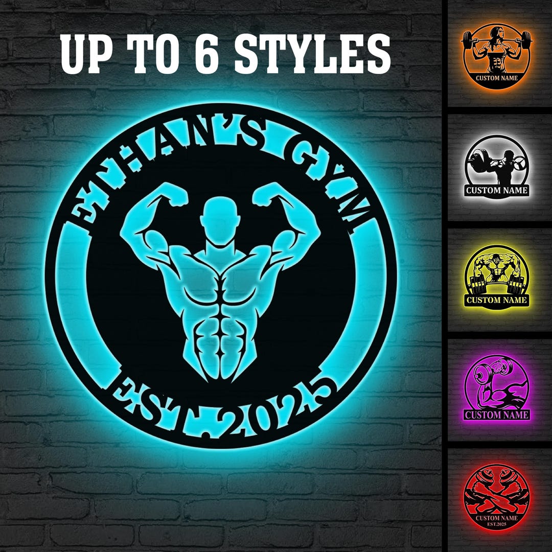 Custom Metal Gym Sign LED Lights, Home Gym Decor, Fitness Wall Art ...