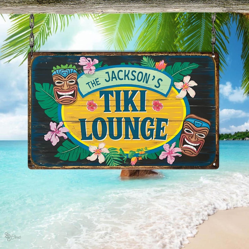 Custom Tiki Lounge Sign, Personalized Tropical Bar Sign, Backyard Tiki ...