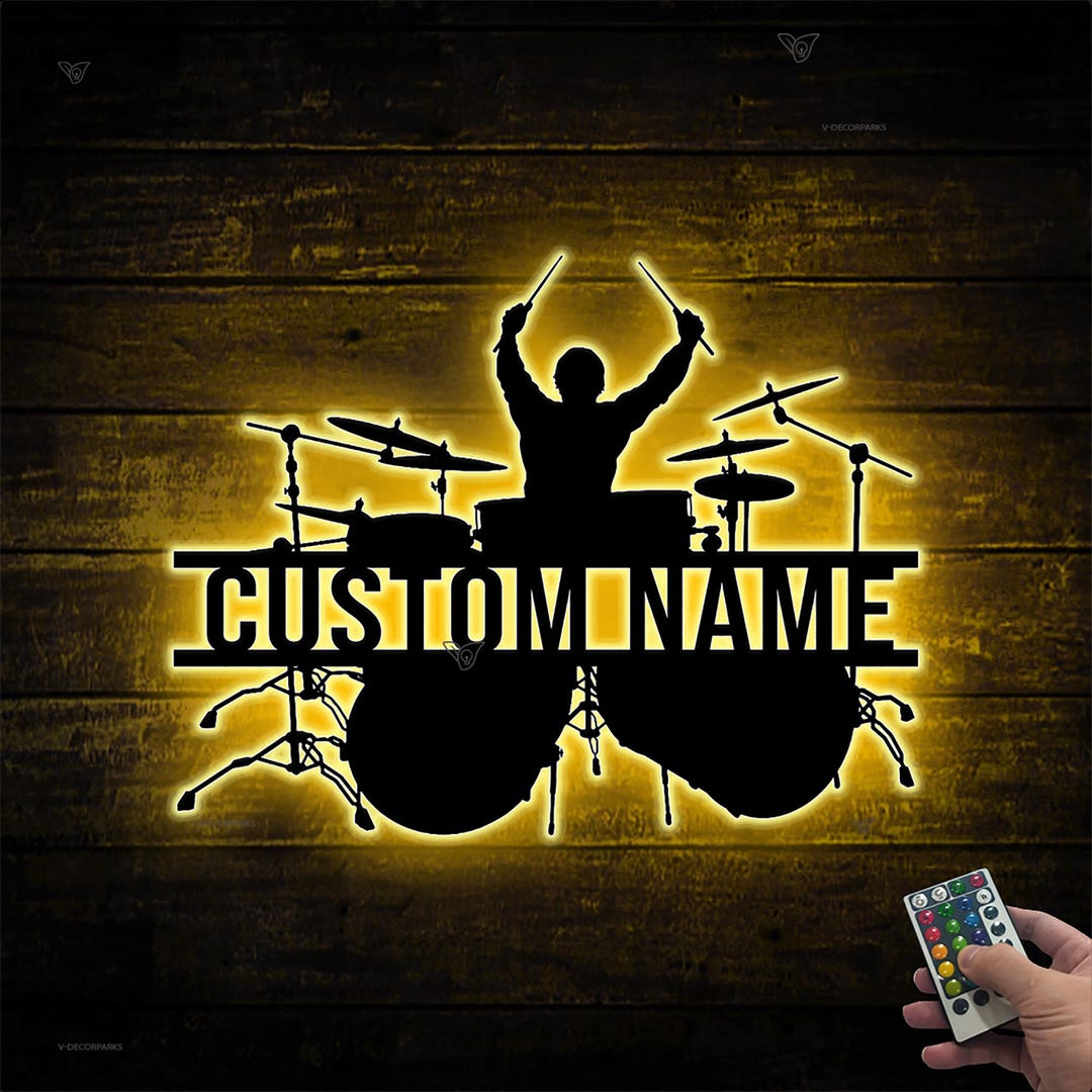 Personalized Drum Lover Name Sign Led Light, Custom Drummer Room Metal ...