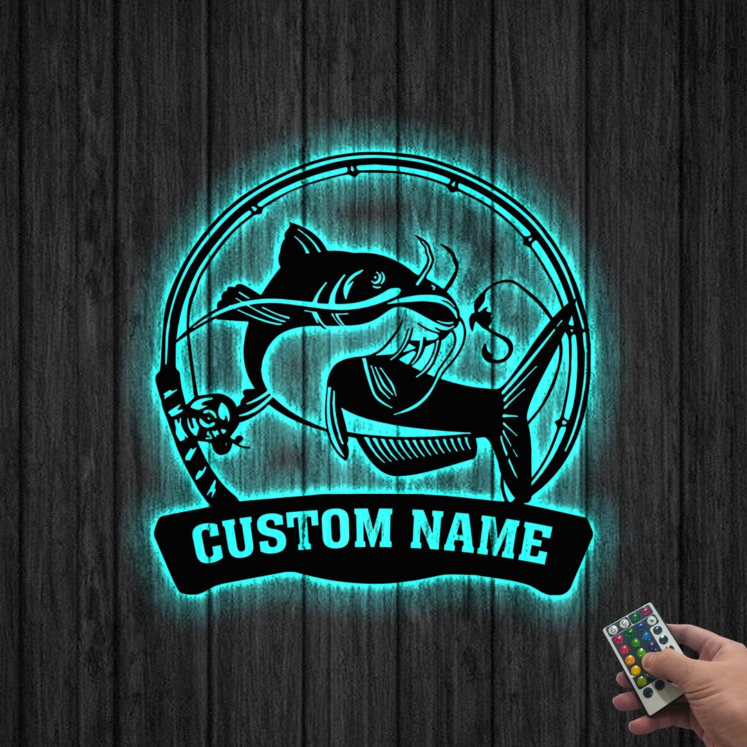 Personalized Black Bullhead Catfish Fishing Metal Wall Art LED Lights ...