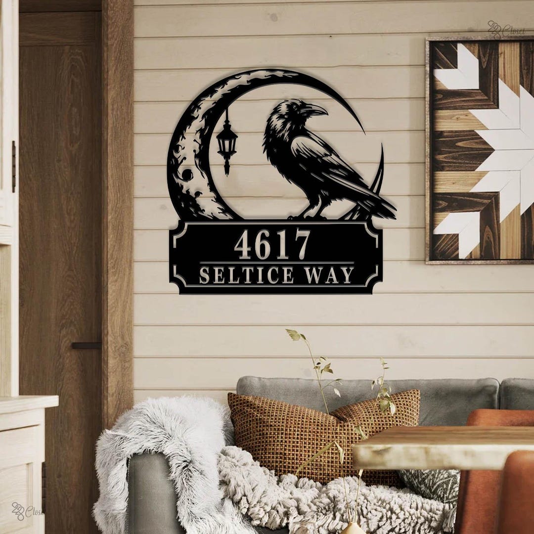 Raven Moon Address Sign, Custom House Number Metal, Gothic Style Metal ...
