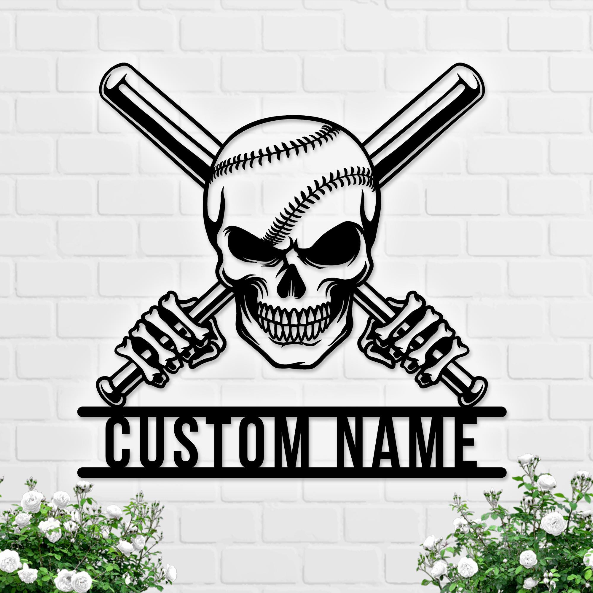 Personalized Baseball Skull Metal Wall Art, Custom Baseball Player Name ...