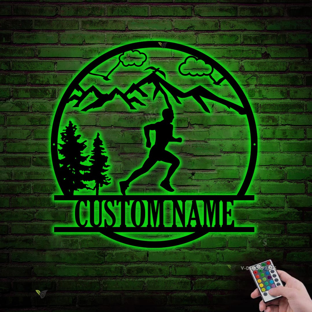 Personalized Man Trail Running Metal Wall Art LED Lights Custom Runner ...
