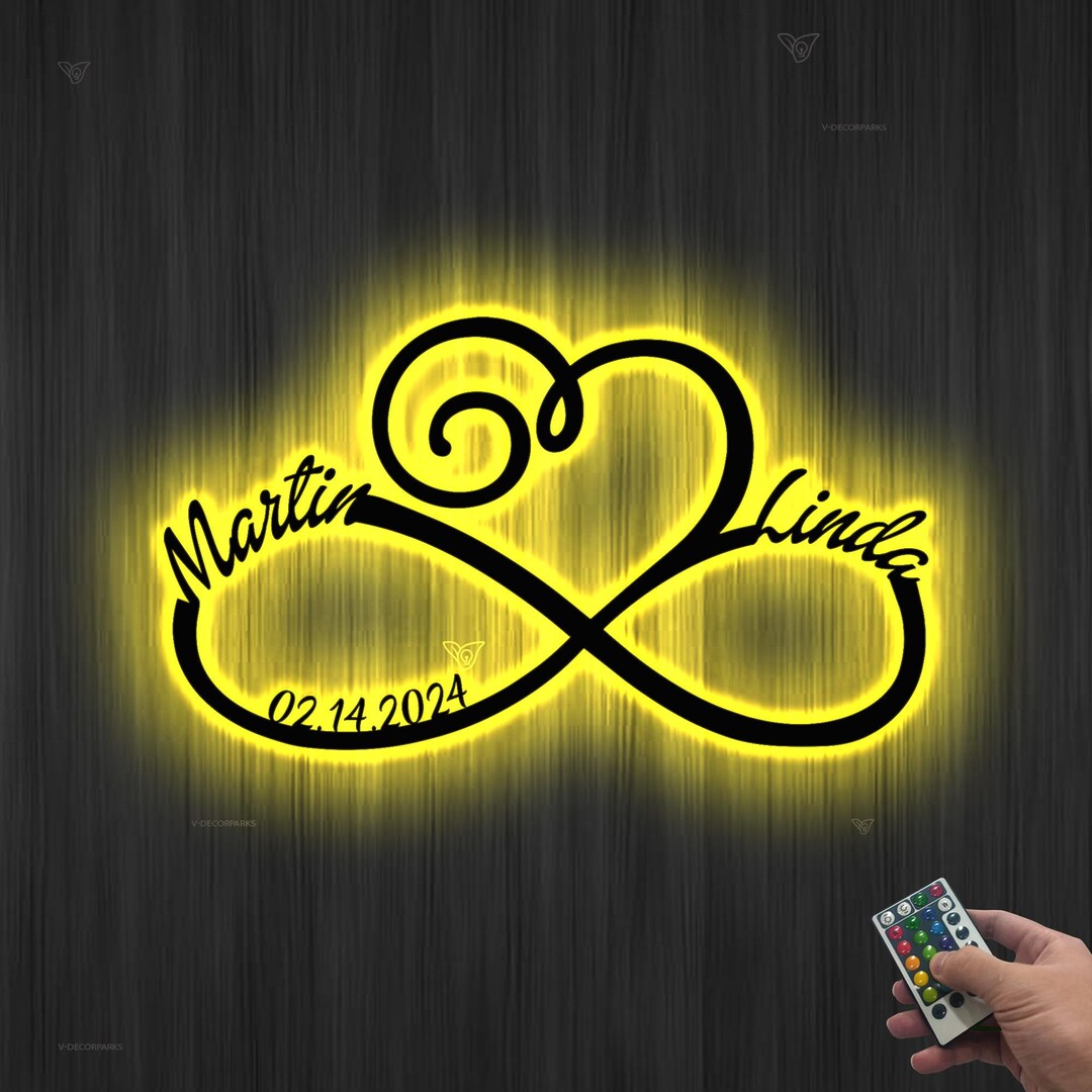 Custom Name and Date Metal Wall Art LED Love Heart Infinity Metal Sign ...