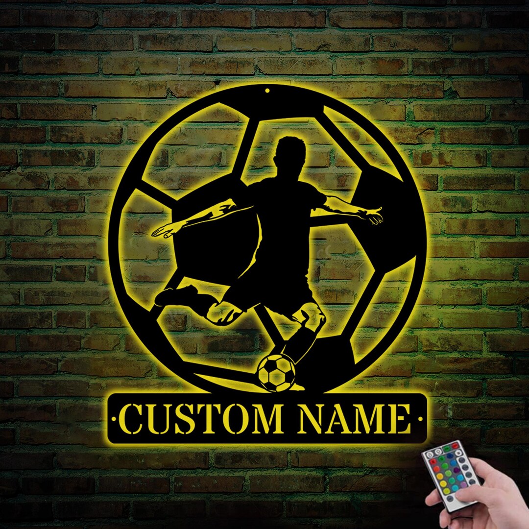 Personalized Soccer Metal Wall Art LED Lights, Custom Soccer Player ...
