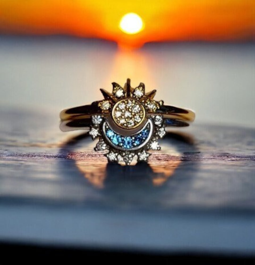 Sun and Moon Gold Stacking Ring for Women, Minimalist Gold Moon Ring ...