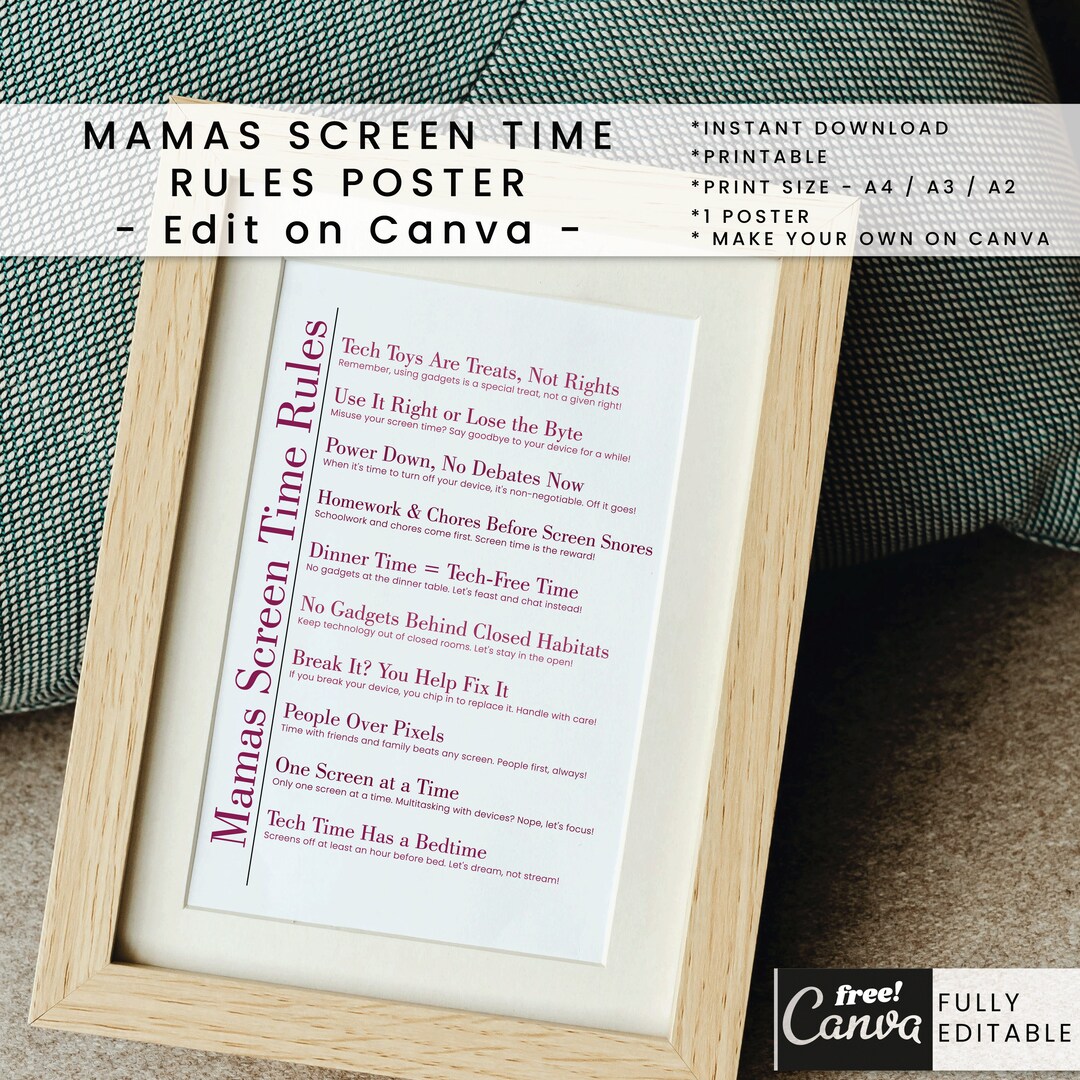 EDITABLE Screen Time Rules Poster, Printable Poster, Trendy Wall Art ...
