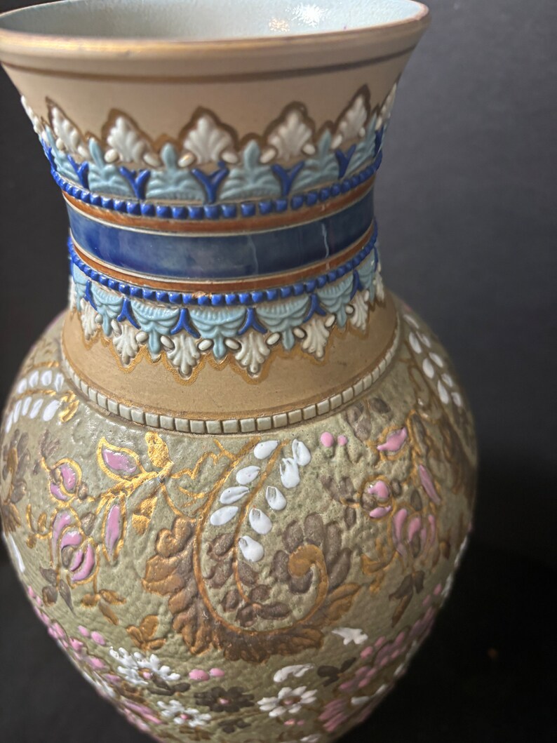 Vintage Doulton Slater Stoneware Vase, Enameled Gold Floral Cobalt Blue ...