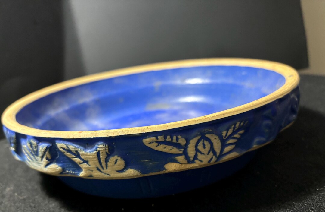 Vintage, Clay City Pottery 8.5" Pie Plate Dish Blue Floral Stoneware ...