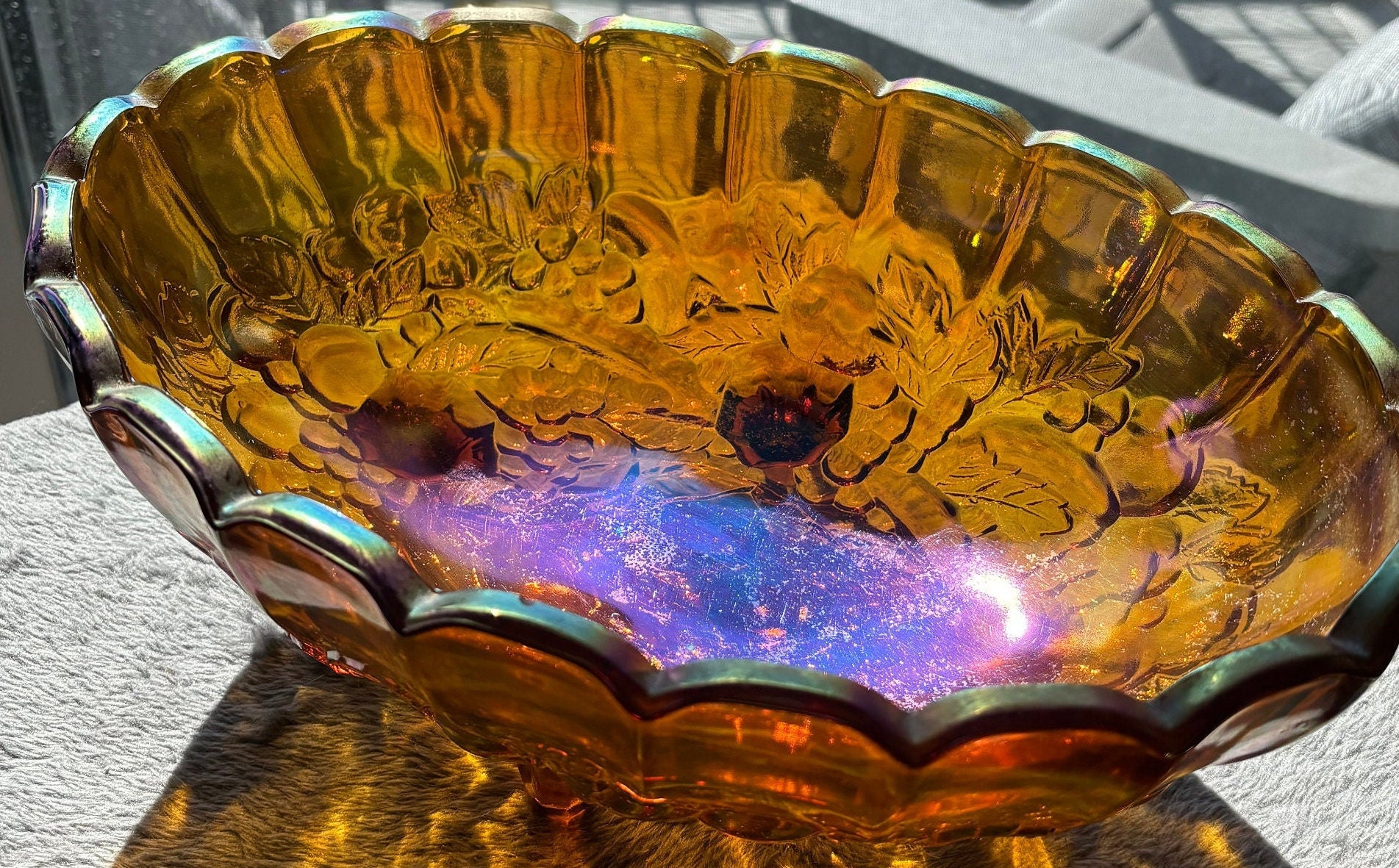 Vintage, Indiana Glass Co. Carnival, Glass, Large, Footed Fruit Bowl ...