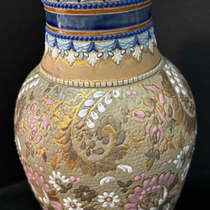 Vintage Doulton Slater Stoneware Vase, Enameled Gold Floral Cobalt Blue ...