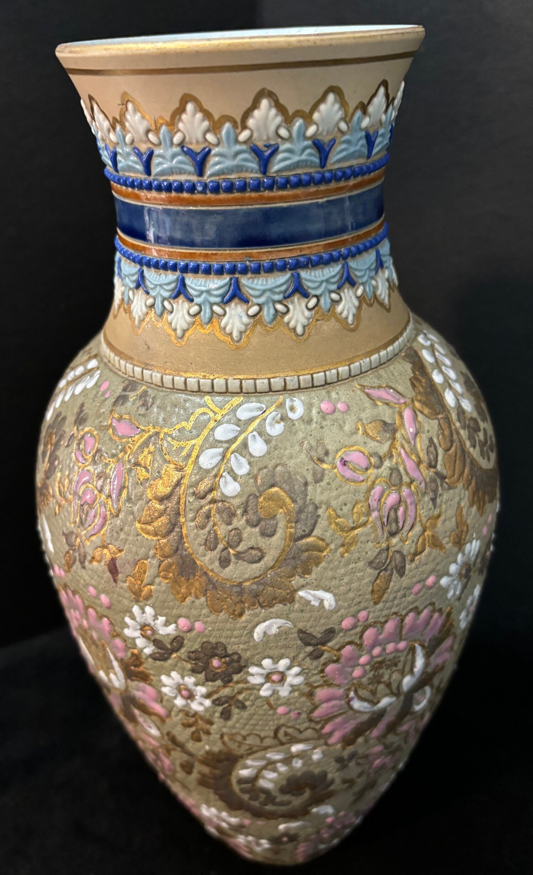 Vintage Doulton Slater Stoneware Vase, Enameled Gold Floral Cobalt Blue ...