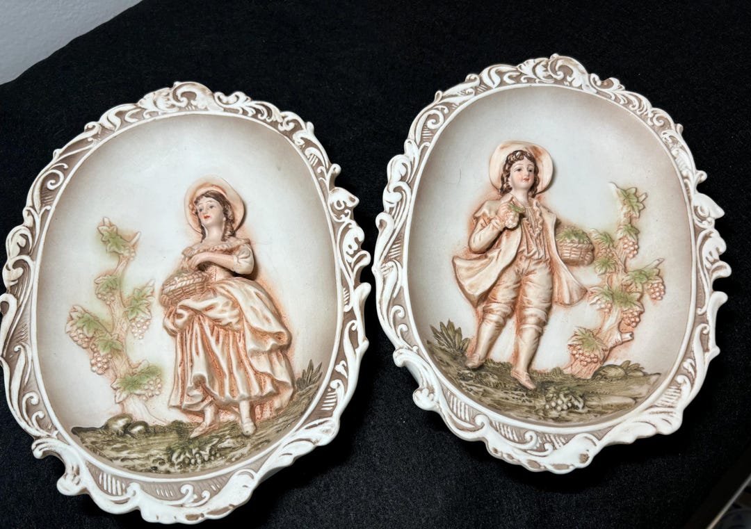 Vintage Lefton Porcelain Wall Plaques, Picking Berries, Oval Decor - Etsy