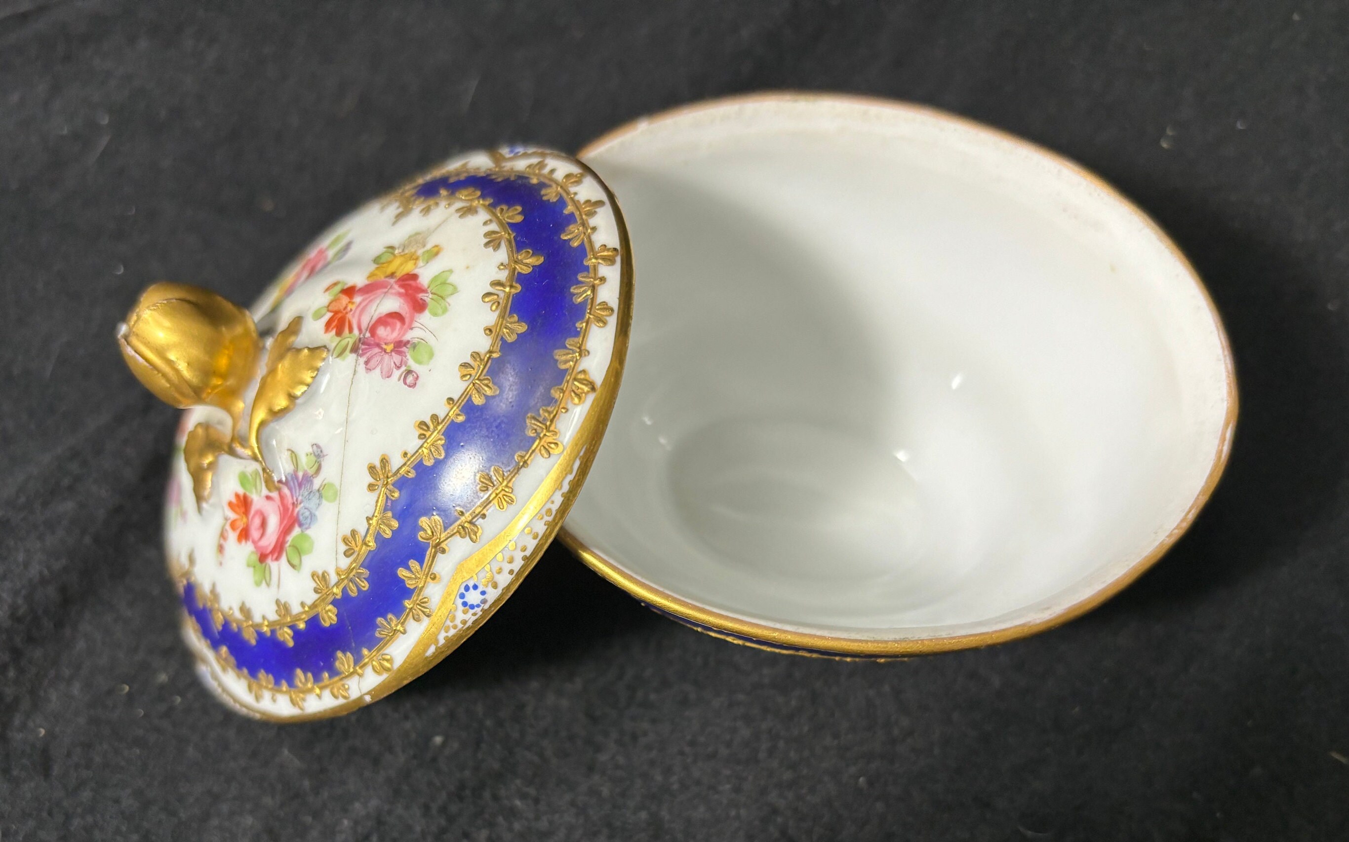 Antique Sevres Gilt Cobalt Porcelain French Lidded Trinket Box C.1753 5 ...