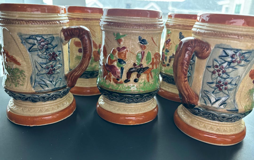 Vintage, 6 Ceramic Steins Made and Hand Painted in Japan, 4.5" Tall 2.5 ...