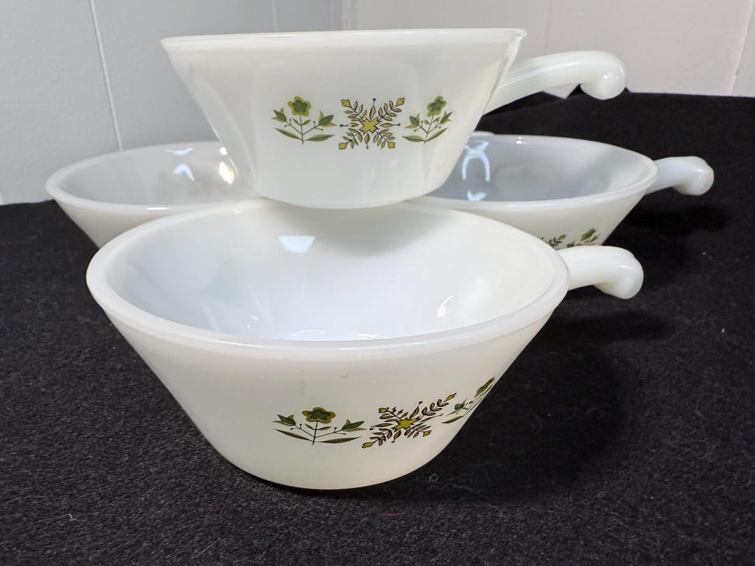 Vintage, 5 Fire King, Anchor Hocking Dishes, Soup Bowls With Handles, Meadow Green Pattern, Milk ...