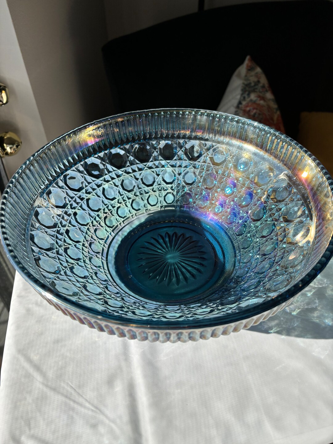 Vintage -indiana Carnival Glass Bowl Blue Iridescent Windsor Button ...