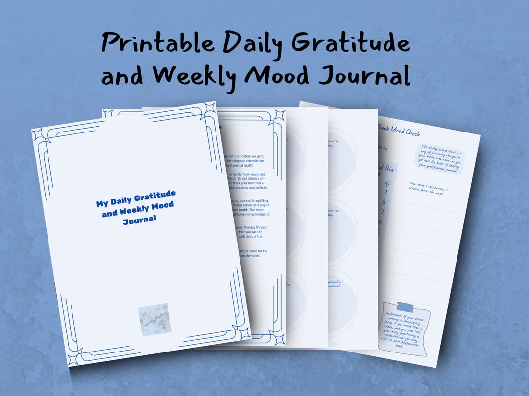 Printable Blue Daily Gratitude and Weekly Mood Journal, Positive ...