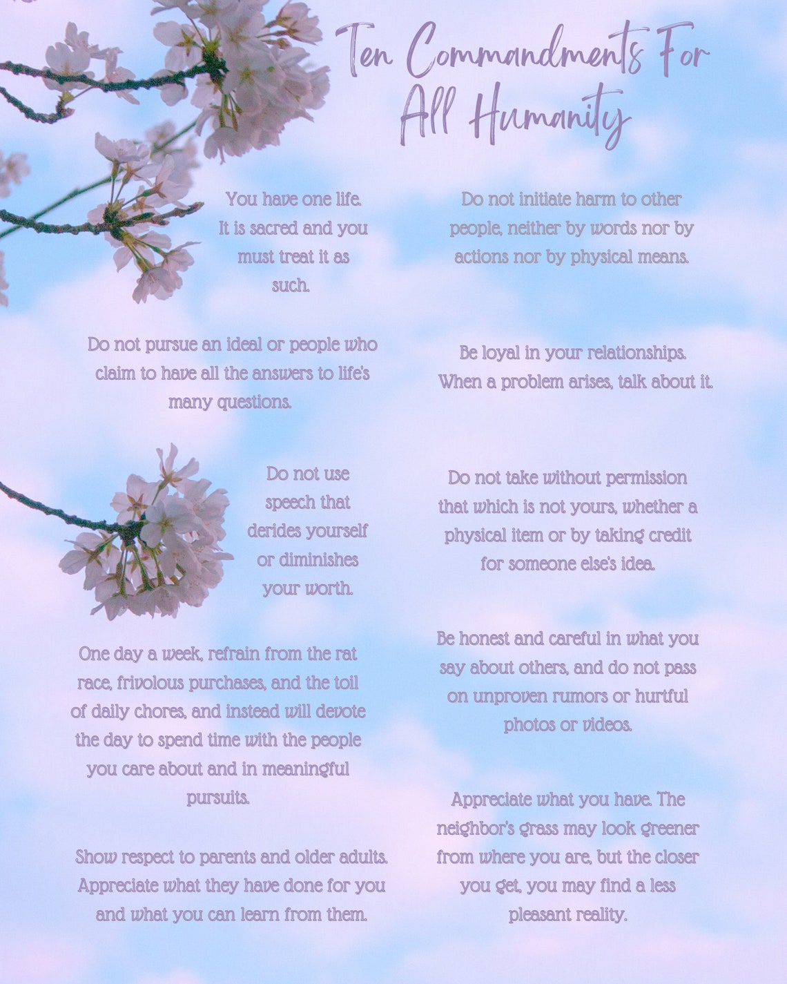 Ten Commandments for All Humanity Spiritual Wall Decor Pastel Floral or ...