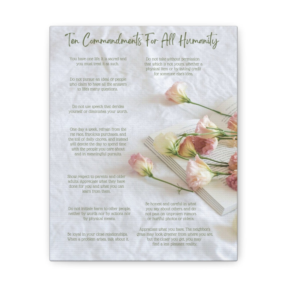 Ten Commandments for All Humanity Spiritual Wall Decor Pastel Floral or ...