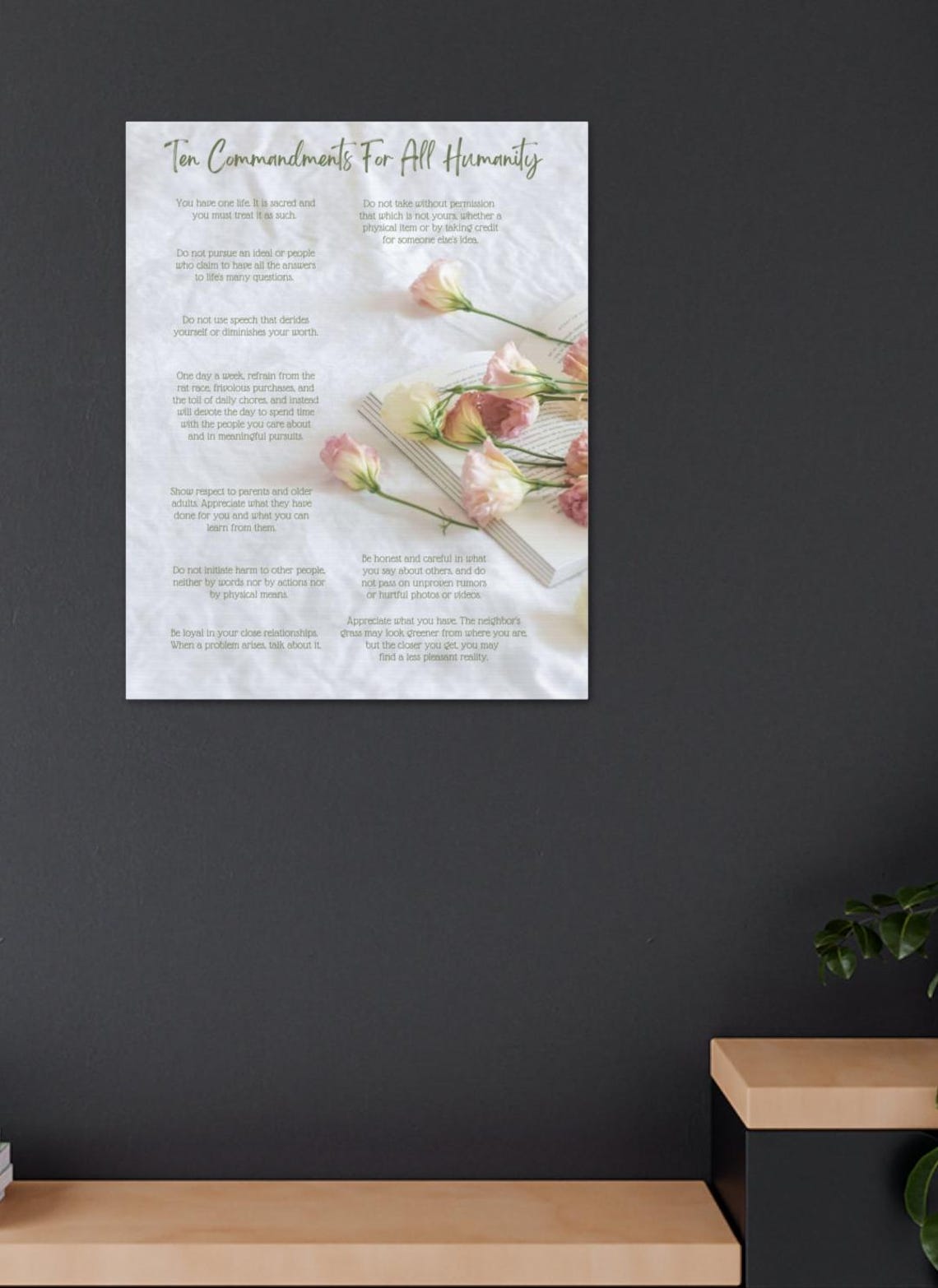 Ten Commandments for All Humanity Spiritual Wall Decor Pastel Floral or ...