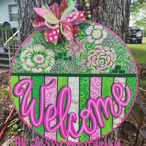 Pink and Green Abstract Floral Welcome Door Hanger - Etsy