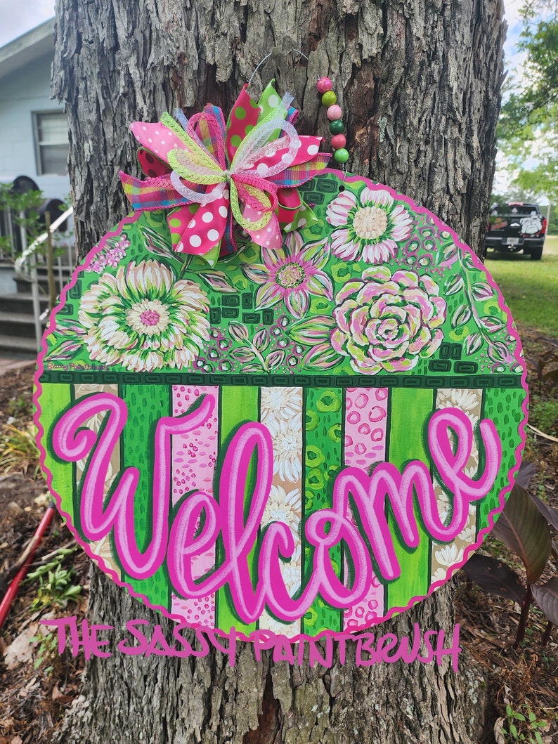 Pink and Green Abstract Floral Welcome Door Hanger - Etsy