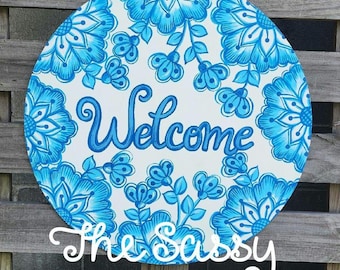 Pink Rose Flower Pot Door Hanger in Blue Chinoiserie Planter. Ships in ...