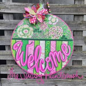 Pink and Green Abstract Floral Welcome Door Hanger - Etsy