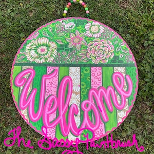 Pink and Green Abstract Floral Welcome Door Hanger - Etsy