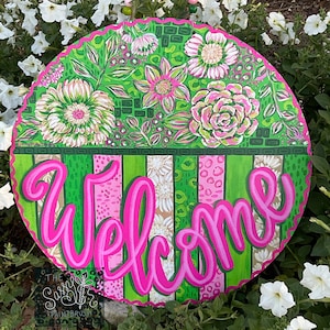 Pink and Green Abstract Floral Welcome Door Hanger - Etsy