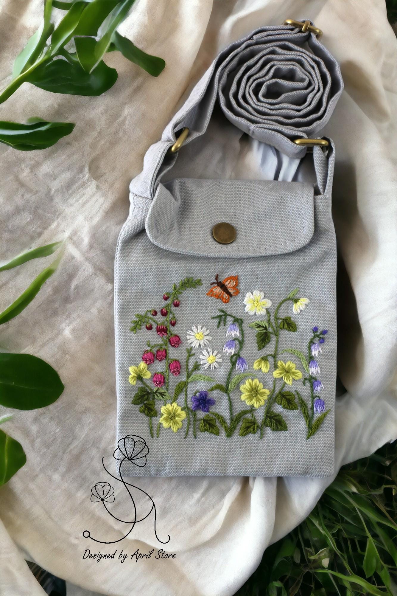 Hand Embroidered Pouch - Floral Design- Crossbody Bag- Canvas Shoulder ...