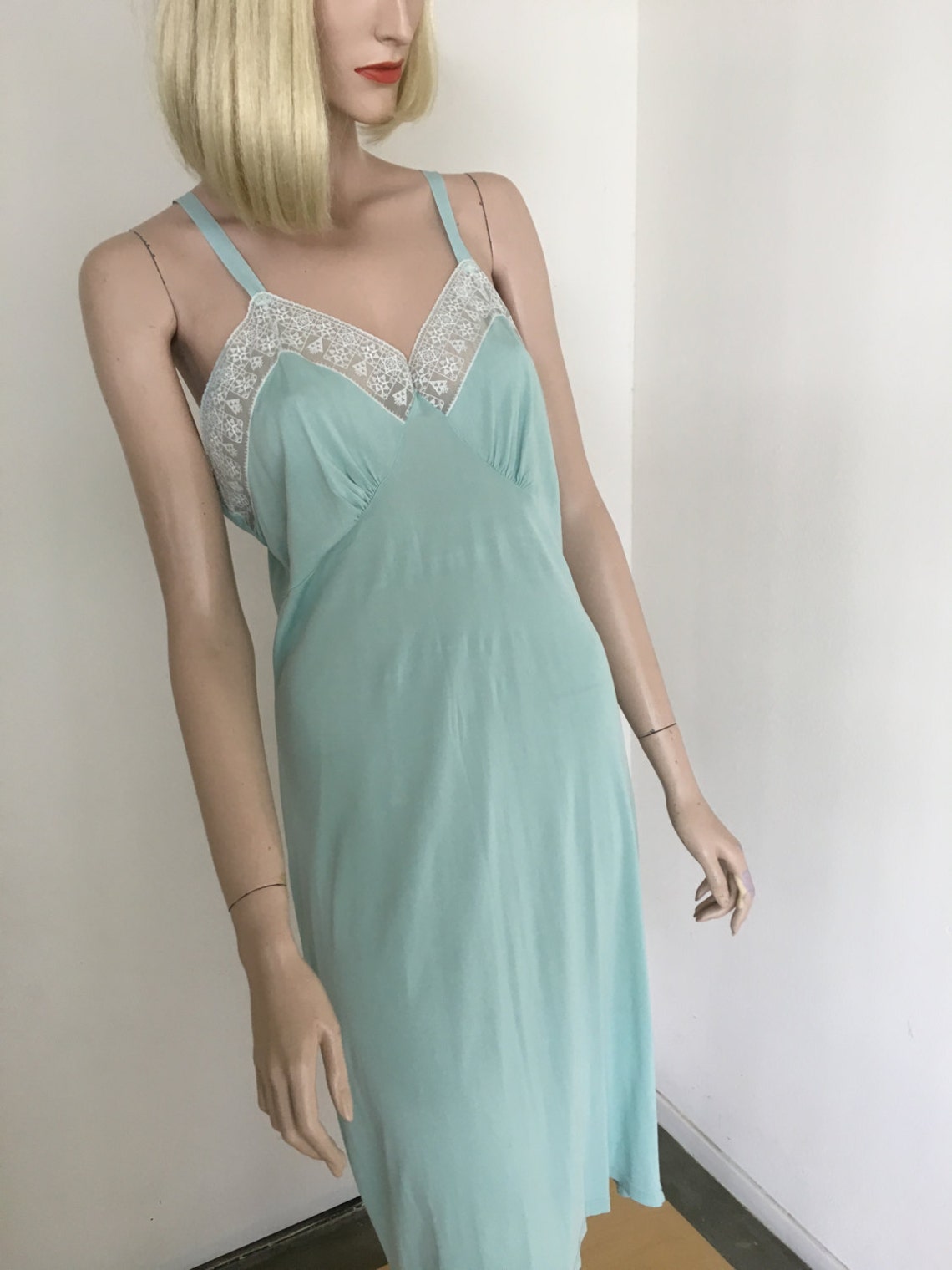 40s Vintage Slip Rayon Knit With Lace Trim Pastel Aqua Blue - Etsy