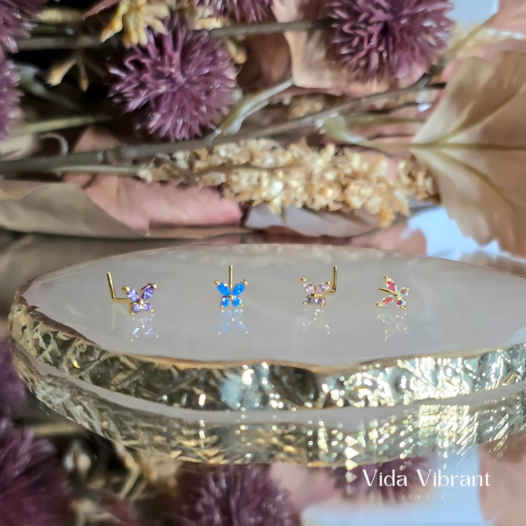 Vibrant Butterfly Nose Pin. L-shape. Pink, Purple, Blue Stones. 316L ...