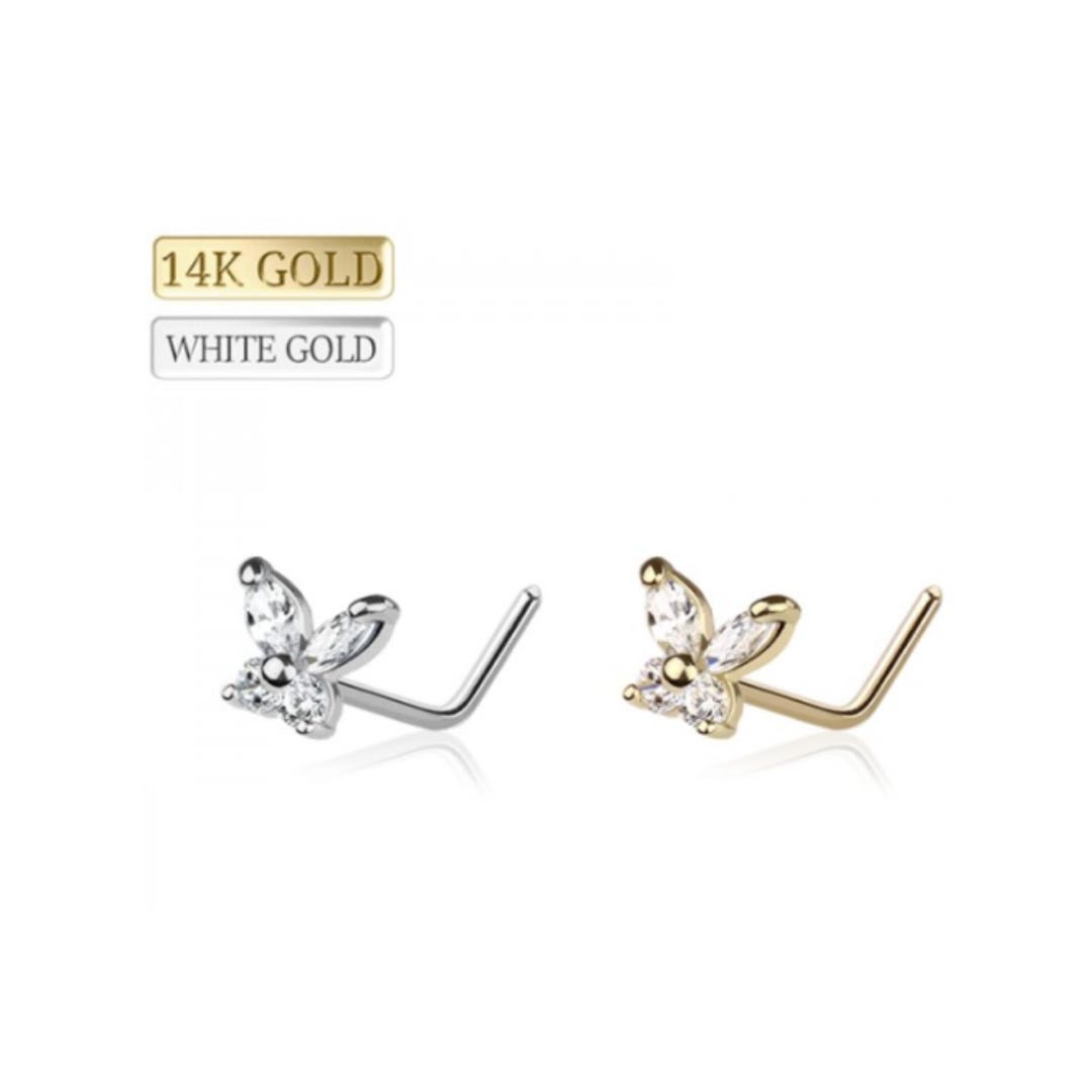14K Solid Gold , Flutter Butterfly Nose Stud, Zircon L-shape Nose Pin ...