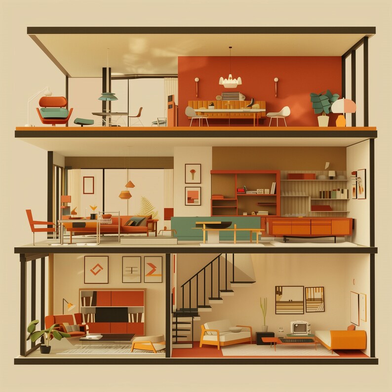 MID-CENTURY Interior and Architecture_ Set02_printable Paper Doll House ...