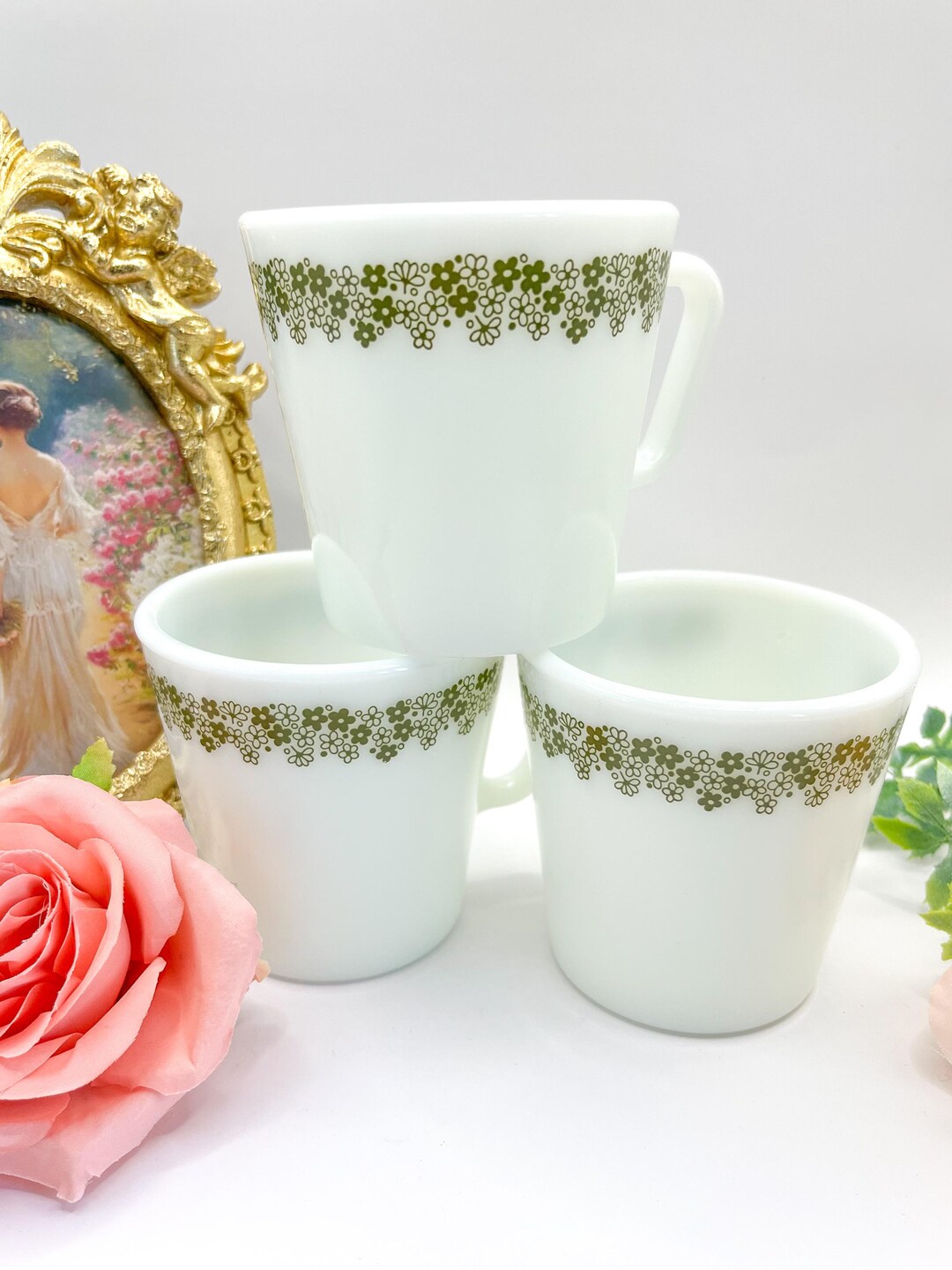 Vintage PYREX Mugs With Green Flowers Crazy Daisy/ Spring Blossom ...