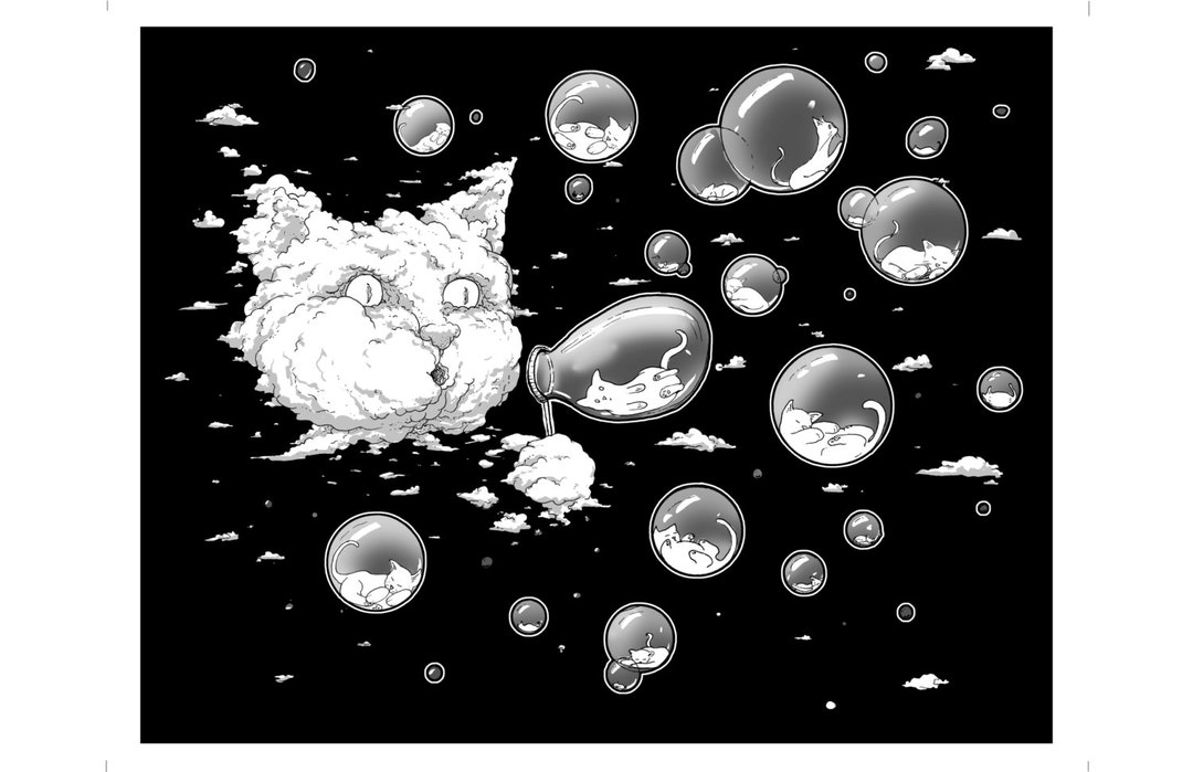 Print: Bubble Cat B&W, Funny Cat, Cloud Cat, Cat Art Print, Cat Lover ...