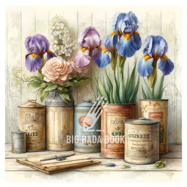 Shabby Chic Retro Cans and Flowers, 14 JPG - Etsy