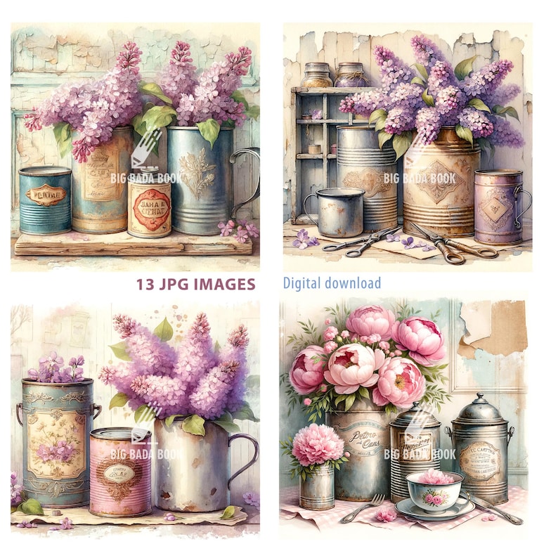 Shabby Chic Retro Cans and Flowers Clipart Bundle, Watercolor Jpgs ...