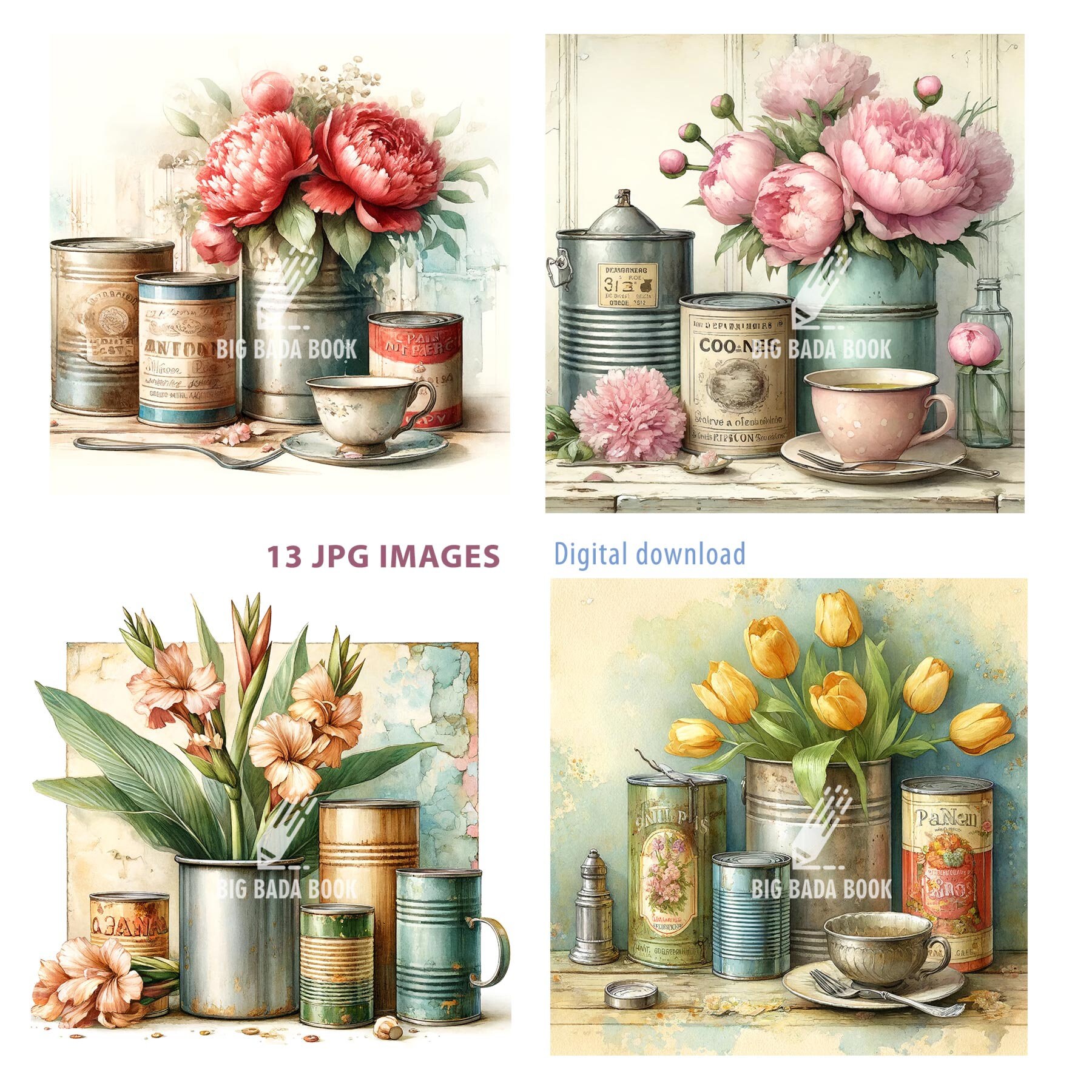 Shabby Chic Retro Cans and Flowers Clipart Bundle, Watercolor Jpgs ...