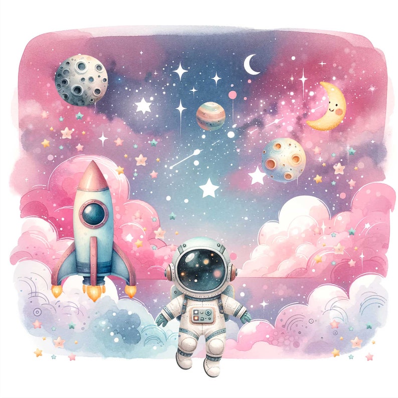 Watercolor Space Clipart, Astronaut Nursery Clipart, Bundle, Astronaut ...