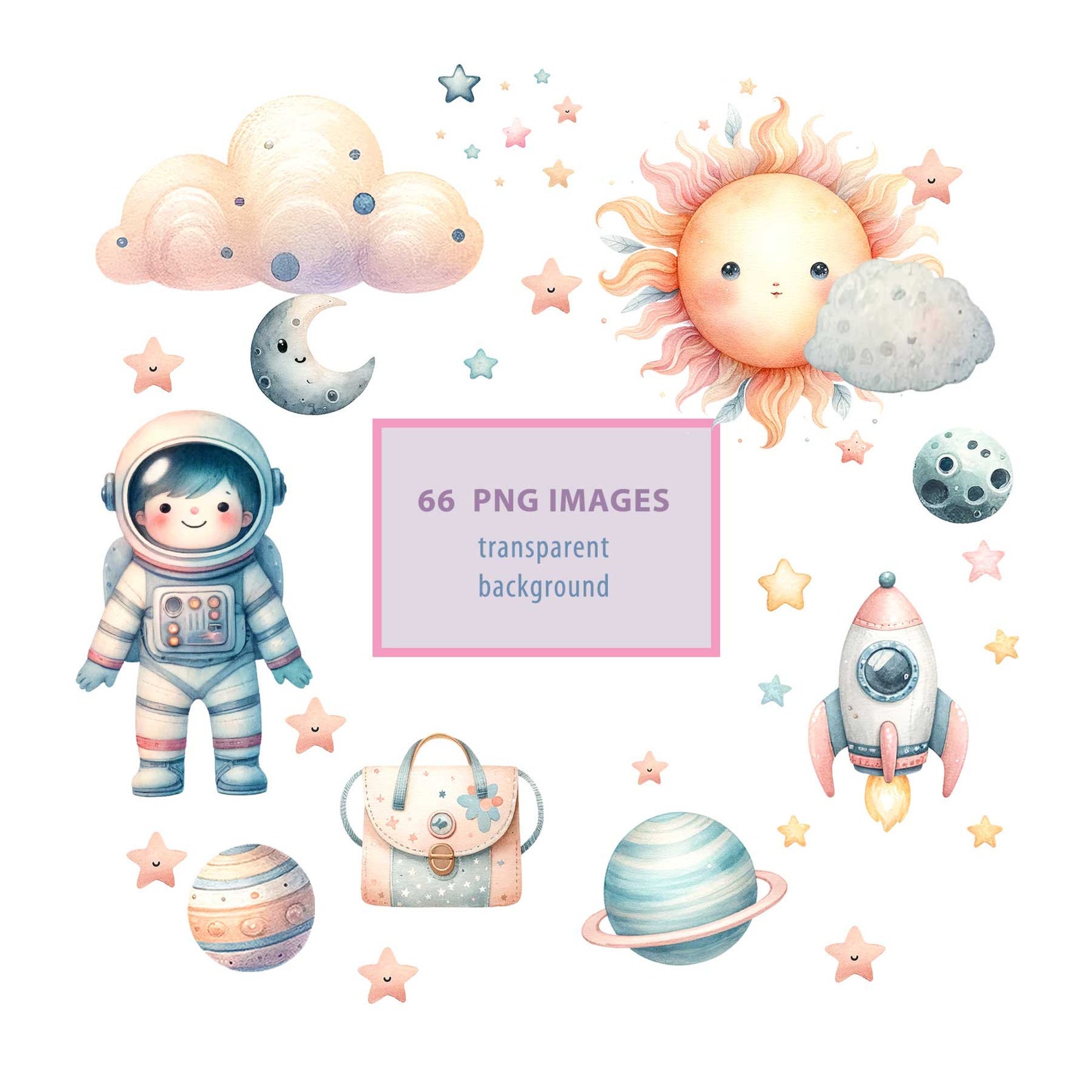 Watercolor Space Clipart Bundle - Astronaut, Rocket, Stars, Moon PNG ...