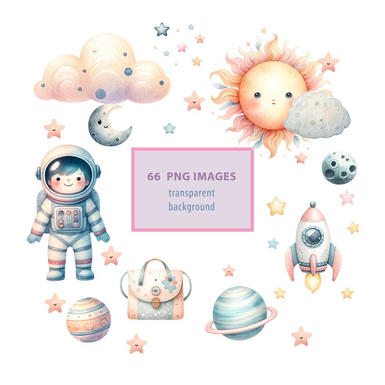 Watercolor Space Clipart Bundle - Astronaut, Rocket, Stars, Moon PNG ...