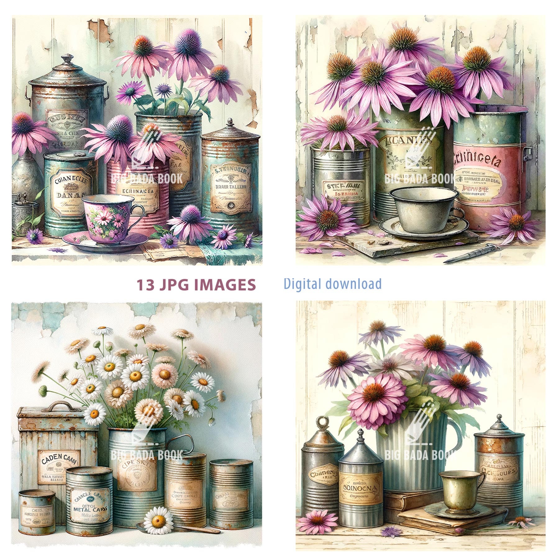 Shabby Chic Retro Cans and Flowers Clipart Bundle, Watercolor Jpgs ...