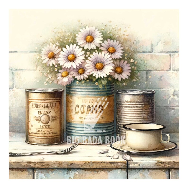 Shabby Chic Retro Cans and Flowers Clipart Bundle, Watercolor Jpgs, Scrapbook Supply, Crafting ...