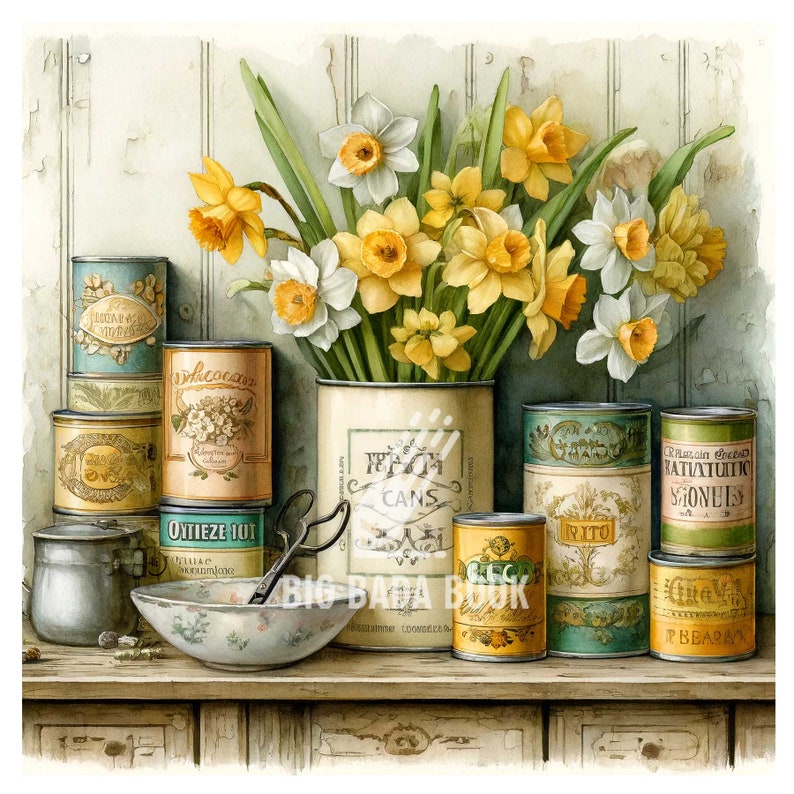 Shabby Chic Retro Cans and Flowers, 14 JPG - Etsy