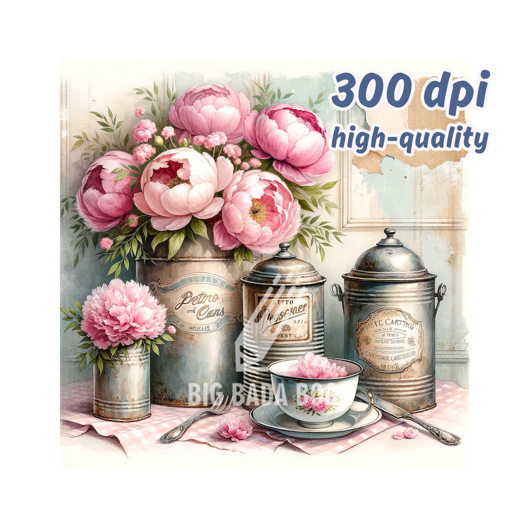 Shabby Chic Retro Cans and Flowers Clipart Bundle, Watercolor Jpgs ...