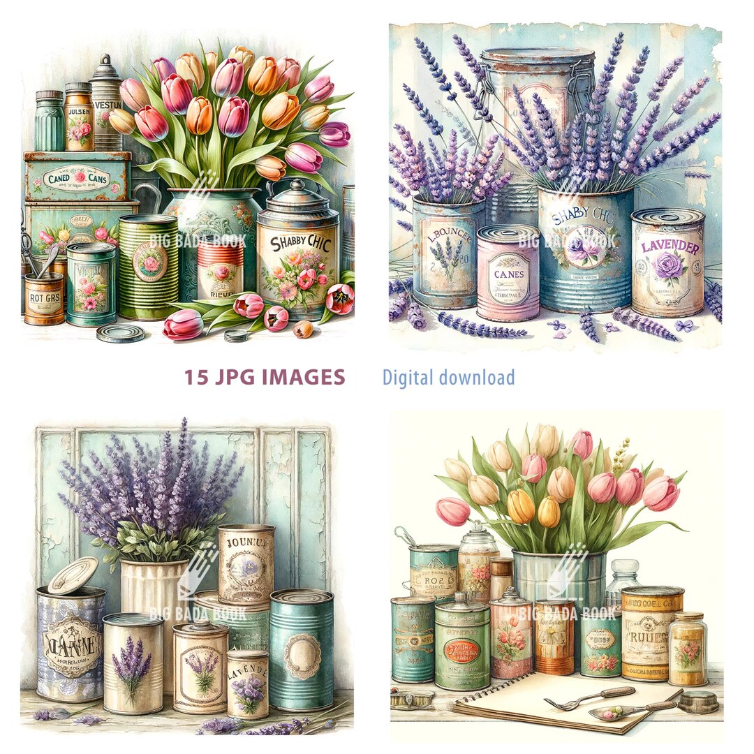 Vintage Floral Prints Shabby Chic Retro Cans & Flowers, Home Decor Art ...