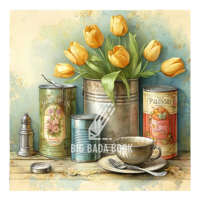 Shabby Chic Retro Cans and Flowers Clipart Bundle, Watercolor Jpgs, Scrapbook Supply, Crafting ...